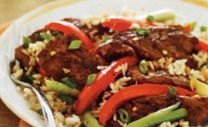 Beef Steak with Rice and Bell Pepper