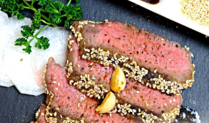 Beef Steak with Wasabi, Soy Sauce, and Sesame Seeds