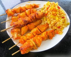 Chicken Kebab Baked with Rice and Vegetables