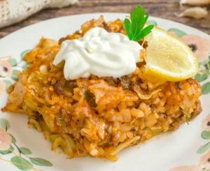 Cabbage Casserole with Ground Beef, Rice and Tomatoes