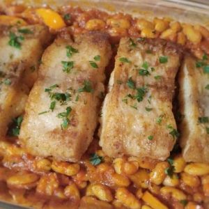 Fish Baked with Beans in Tomato Sauce