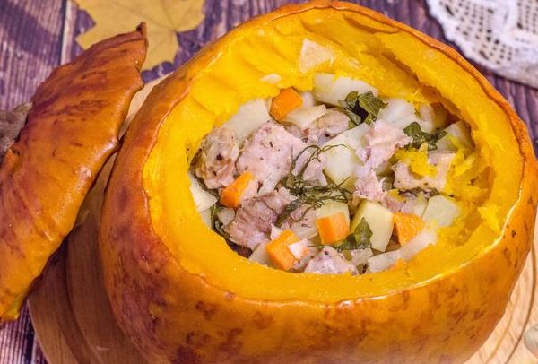 Meat with Potatoes Baked in Pumpkin