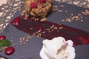Duet Of Apple Crumble and Sour Cream Ice Cream on Raspberry Mirror